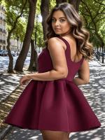 China Mini Chic Square Neck Open Back A-line Ruffle Short Burgundy Satin Cocktail Dress for sale