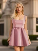 China Mini Chic Square Neck Open Back A-line Ruffle Short Purple Orchid Satin Graduation Dress for sale