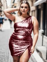 China Glamorous High Slit One-shoulder Burgundy Sequin Bodycon Mini Short Cocktail Dress for sale