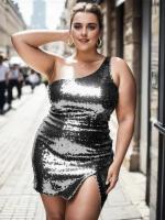 China Glamorous High Slit One-shoulder Black Sequin Bodycon Mini Short Homecoming Dress for sale