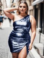 China Glamorous High Slit One-shoulder Navy Blue Sequin Bodycon Mini Short Homecoming Dress for sale