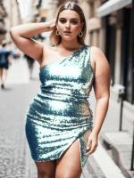 China Glamorous High Slit One-shoulder Dusty Blue Sequin Bodycon Mini Short Homecoming Dress for sale