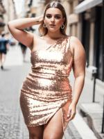 China Glamorous High Slit One-shoulder Rose Gold Sequin Bodycon Mini Short Graduation Dress for sale