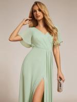 China A-line Ruffle Sleeves And High Slit V-neck Mint Green Chiffon Bridesmaid Dress for sale