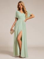 China A-line Ruffle Sleeves And High Slit V-neck Mint Green Chiffon Bridesmaid Dress for sale