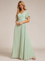 China A-line Ruffle Sleeves And High Slit V-neck Mint Green Chiffon Bridesmaid Dress for sale