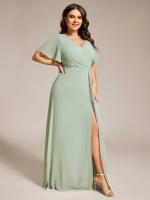 China A-line Ruffle Sleeves And High Slit V-neck Mint Green Chiffon Bridesmaid Dress for sale
