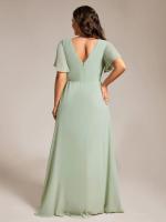 China A-line Ruffle Sleeves And High Slit V-neck Mint Green Chiffon Bridesmaid Dress for sale