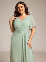 China A-line Ruffle Sleeves And High Slit V-neck Mint Green Chiffon Bridesmaid Dress for sale