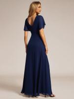 China A-line Ruffle Sleeves And High Slit V-neck Navy Blue Chiffon Bridesmaid Dress for sale