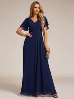 China A-line Ruffle Sleeves And High Slit V-neck Navy Blue Chiffon Bridesmaid Dress for sale