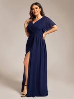 China A-line Ruffle Sleeves And High Slit V-neck Navy Blue Chiffon Bridesmaid Dress for sale