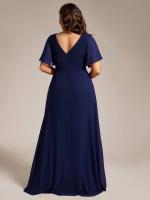 China A-line Ruffle Sleeves And High Slit V-neck Navy Blue Chiffon Bridesmaid Dress for sale