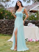 China Ruffle Sleeves Sweep Train Bow-tie Backless And High Slit U-neck Sky Blue Chiffon Bridesmaid Dress for sale