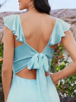 China Ruffle Sleeves Sweep Train Bow-tie Backless And High Slit U-neck Sky Blue Chiffon Bridesmaid Dress for sale