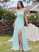 China Ruffle Sleeves Sweep Train Bow-tie Backless And High Slit U-neck Sky Blue Chiffon Bridesmaid Dress for sale