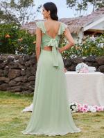China Ruffle Sleeves Sweep Train Bow-tie Backless And High Slit U-neck Mint Green Chiffon Bridesmaid Dress for sale