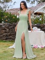 China Ruffle Sleeves Sweep Train Bow-tie Backless And High Slit U-neck Mint Green Chiffon Bridesmaid Dress for sale