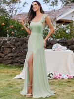 China Ruffle Sleeves Sweep Train Bow-tie Backless And High Slit U-neck Mint Green Chiffon Bridesmaid Dress for sale