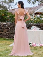 China Ruffle Sleeves Sweep Train Bow-tie Backless And High Slit U-neck Pink Chiffon Bridesmaid Dress for sale