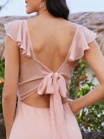 China Ruffle Sleeves Sweep Train Bow-tie Backless And High Slit U-neck Pink Chiffon Bridesmaid Dress for sale