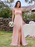 China Ruffle Sleeves Sweep Train Bow-tie Backless And High Slit U-neck Pink Chiffon Bridesmaid Dress for sale