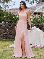 China Ruffle Sleeves Sweep Train Bow-tie Backless And High Slit U-neck Pink Chiffon Bridesmaid Dress for sale
