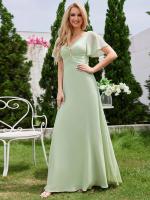 China A-line V-neck Pleats Ruffle Cap Sleeves Mint Green Chiffon Bridesmaid Dress for sale