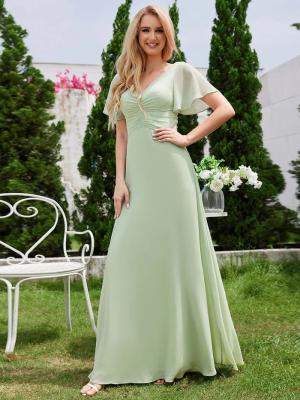 China A-line V-neck Pleats Ruffle Cap Sleeves Mint Green Chiffon Bridesmaid Dress for sale