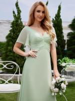 China A-line V-neck Pleats Ruffle Cap Sleeves Mint Green Chiffon Bridesmaid Dress for sale