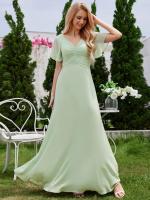 China A-line V-neck Pleats Ruffle Cap Sleeves Mint Green Chiffon Bridesmaid Dress for sale