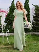 China A-line V-neck Pleats Ruffle Cap Sleeves Mint Green Chiffon Bridesmaid Dress for sale