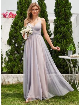 China Ruffle Spaghetti Strap Empire Pleated Sleeveless A-line Backless Grey Bridesmaid Dress for sale