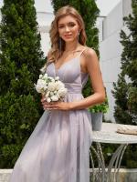 China Ruffle Spaghetti Strap Empire Pleated Sleeveless A-line Backless Grey Bridesmaid Dress for sale