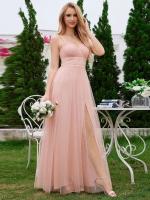 China High Slit And Lace Pearl Waist Sleeveless V-neck A-line Empire Spaghetti Strap Pleated Pink Tulle Bridesmaid Dress for sale