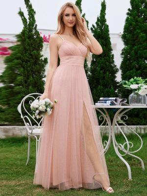 China High Slit And Lace Pearl Waist Sleeveless V-neck A-line Empire Spaghetti Strap Pleated Pink Tulle Bridesmaid Dress for sale