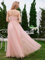 China High Slit And Lace Pearl Waist Sleeveless V-neck A-line Empire Spaghetti Strap Pleated Pink Tulle Bridesmaid Dress for sale