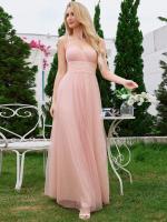 China High Slit And Lace Pearl Waist Sleeveless V-neck A-line Empire Spaghetti Strap Pleated Pink Tulle Bridesmaid Dress for sale