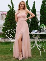 China High Slit And Lace Pearl Waist Sleeveless V-neck A-line Empire Spaghetti Strap Pleated Pink Tulle Bridesmaid Dress for sale