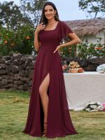 China U-neck Ruffle Sleeve Empire High Slit A-line Back Tie Burgundy Chiffon Bridesmaid Dress for sale
