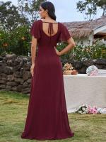 China U-neck Ruffle Sleeve Empire High Slit A-line Back Tie Burgundy Chiffon Bridesmaid Dress for sale