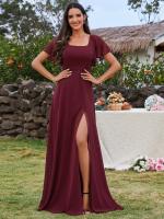 China U-neck Ruffle Sleeve Empire High Slit A-line Back Tie Burgundy Chiffon Bridesmaid Dress for sale