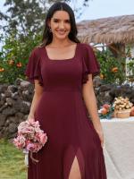 China U-neck Ruffle Sleeve Empire High Slit A-line Back Tie Burgundy Chiffon Bridesmaid Dress for sale