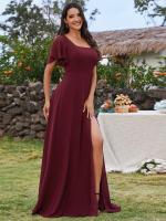 China U-neck Ruffle Sleeve Empire High Slit A-line Back Tie Burgundy Chiffon Bridesmaid Dress for sale