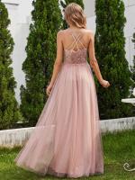 China Lace Back Cross-strap V-neck Spaghetti Strap Empire A-line Pleated Sleeveless Pink Tulle Bridesmaid Dress for sale