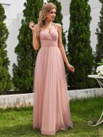 China Lace Back Cross-strap V-neck Spaghetti Strap Empire A-line Pleated Sleeveless Pink Tulle Bridesmaid Dress for sale