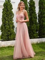 China Lace Back Cross-strap V-neck Spaghetti Strap Empire A-line Pleated Sleeveless Pink Tulle Bridesmaid Dress for sale