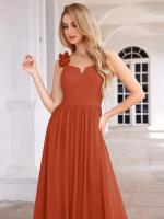 China Elegant V-neck Floral Strap Empire A-line Waist Burnt Orange Chiffon Bridesmaid Dress for sale