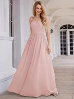 China Elegant V-neck Floral Strap Empire A-line Waist Pink Chiffon Bridesmaid Dress for sale