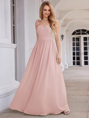China Elegant V-neck Floral Strap Empire A-line Waist Pink Chiffon Bridesmaid Dress for sale